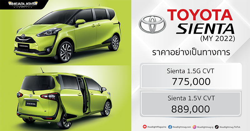 ราคาอย่างเป็นทางการ Toyota Sienta 1.5 CVT (MY 2022) : 775,000 - 889,000 ...
