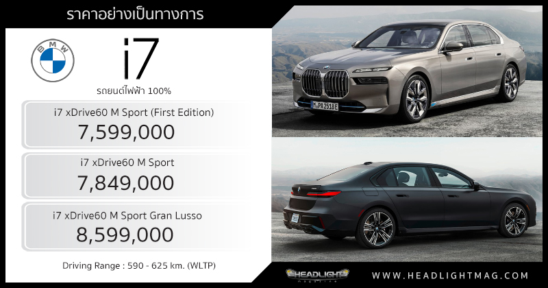 ราคาอย่างเป็นทางการ BMW i7 xDrive60 M Sport (G70) : 7,599,000-8,599,000 บาท