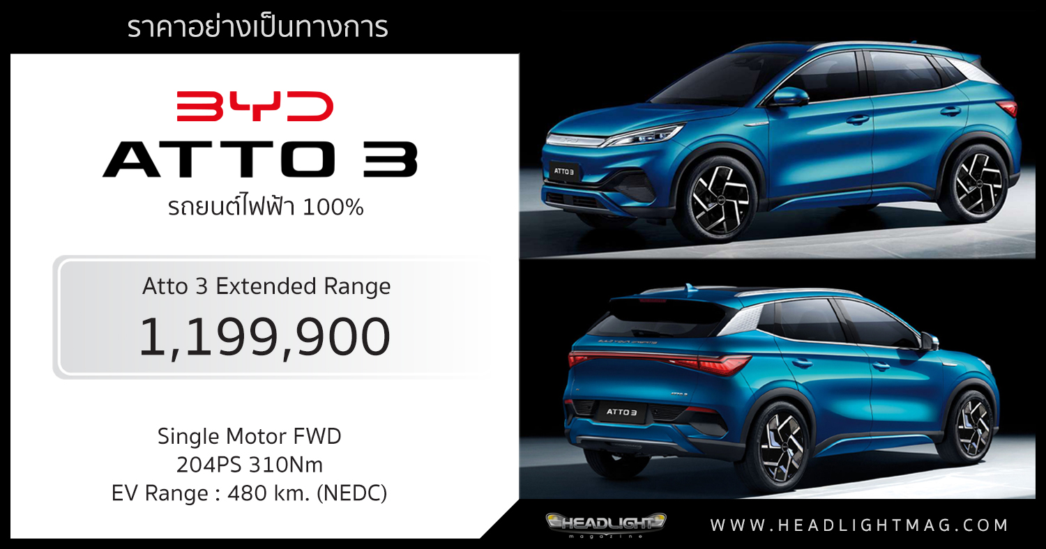 ราคาอย่างเป็นทางการ BYD ATTO 3 Extended Range : 1,199,900 บาท | วิ่งได้ ...