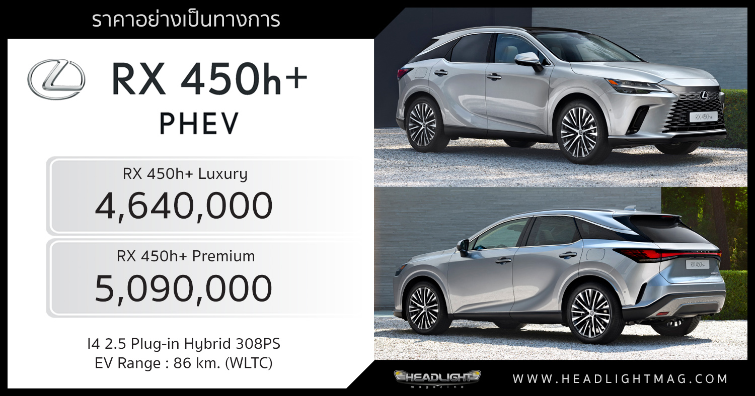 ราคาอย่างเป็นทางการ Lexus RX 450h+ AWD (PHEV) : 4,640,000 - 5,090,000 ...
