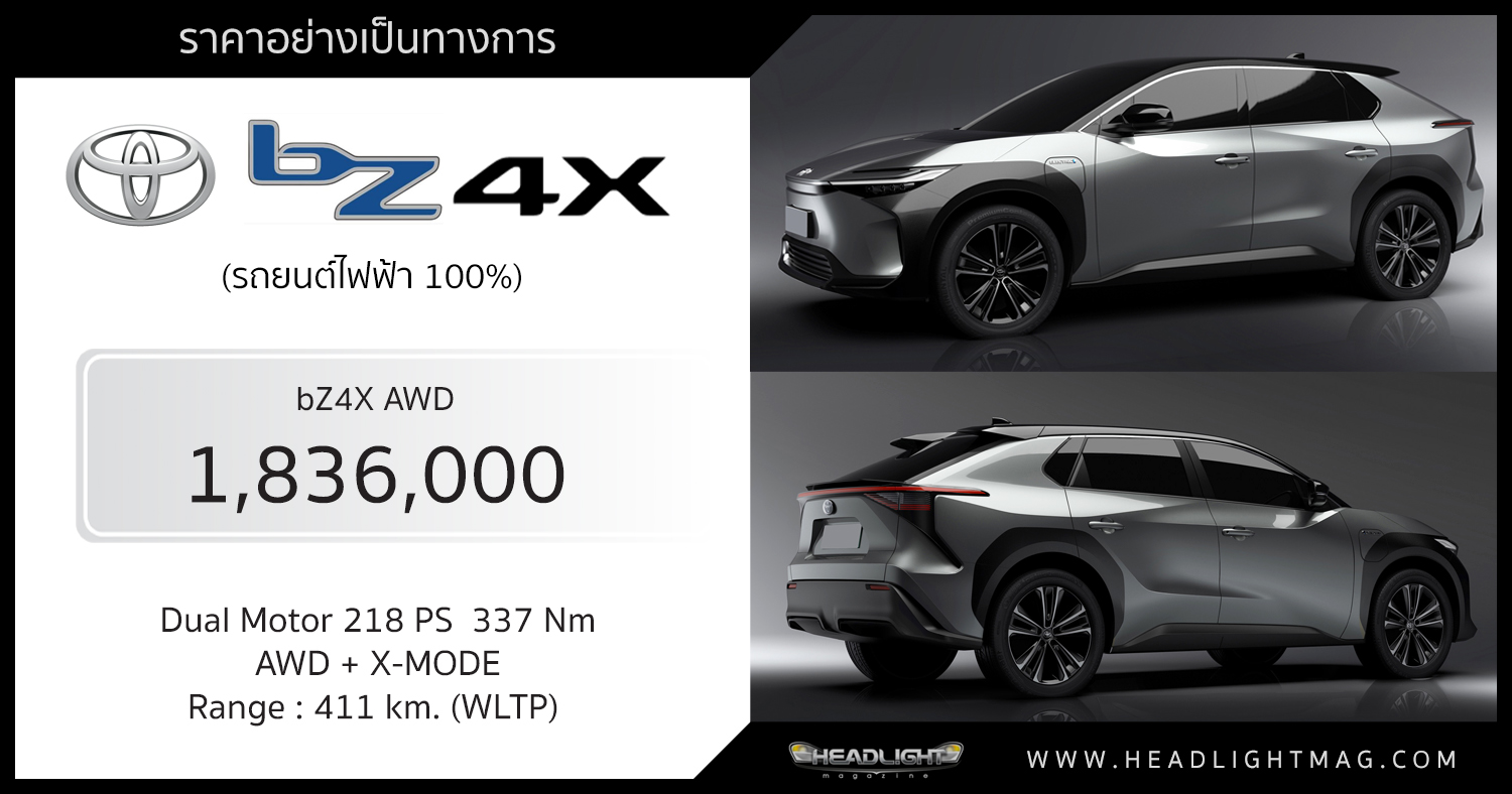 ราคาอย่างเป็นทางการ Toyota bZ4X AWD : 1,836,000 บาท | นำเข้า CBU ...