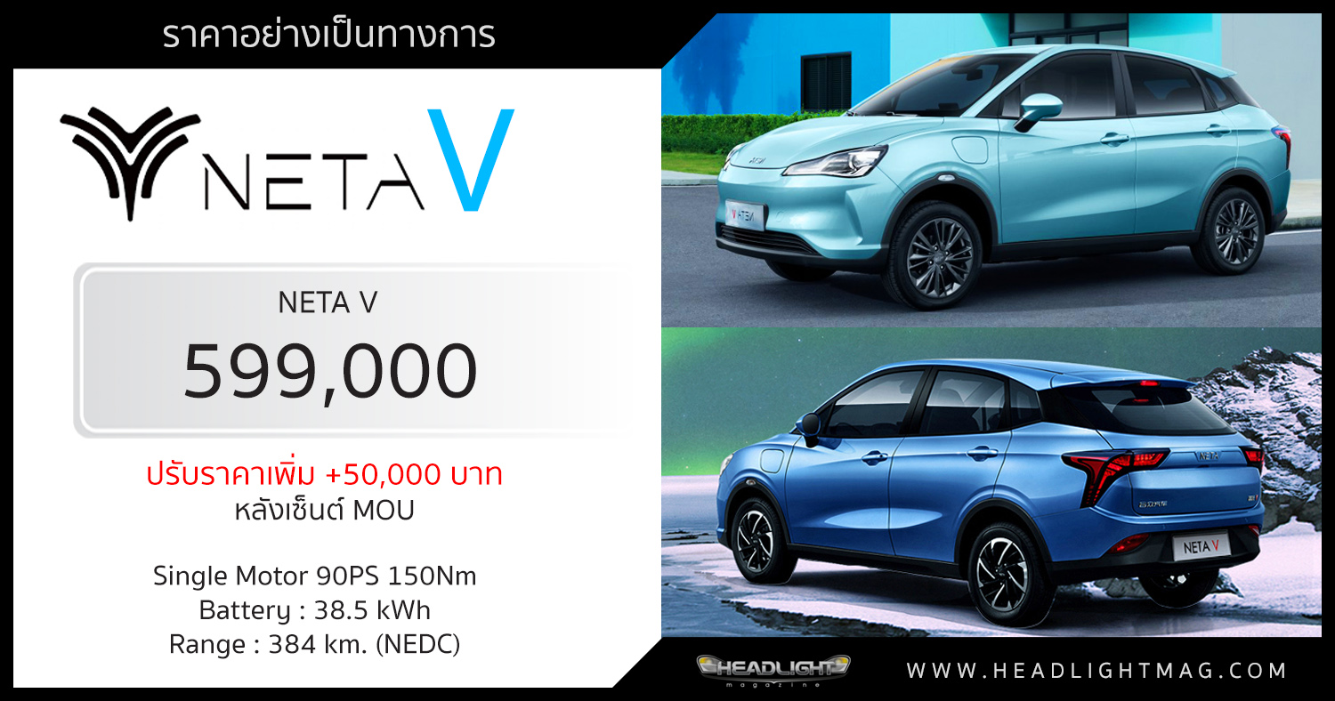 ราคาอย่างเป็นทางการ NETA V รถยนต์ไฟฟ้า 100% (BEV) : 599,000 บาท | ปรับเพิ่ม 50,000 บาท หลังเซ็น ...