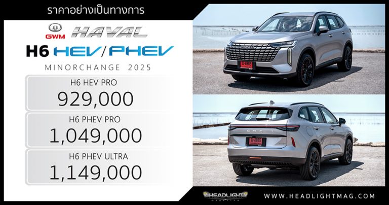 ราคาอย่างเป็นทางการ + เทียบสเป็ค GWM HAVAL H6 HEV/PHEV Minorchange : 929,000 - 1,149,000 บาท ...
